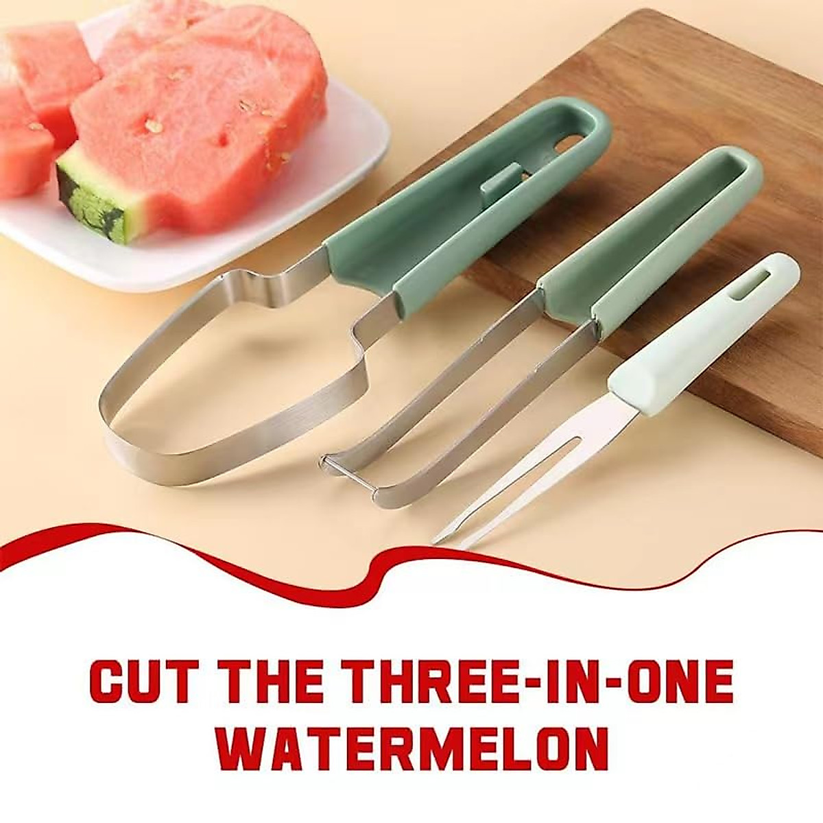 3-in-1 Watermelon Fork Cutter, 2024 New Stainless Steel Watermelon Popsicle Cutter Cutting Tool, Fast Watermelon Fork Fruit Cutting Tool (Green)