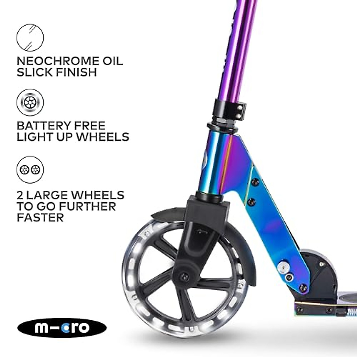 Micro Kickboard - Micro Cruiser LED Neochrome - Two Wheeled, Fold-to-Carry Swiss-Designed Micro Scooter for Kids with Smooth Glide Light-Up Large Wheels for Ages 6+