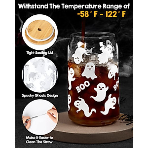 Halloween Ghosts Beer Can Glass Fall Iced Coffee Glass 16 OZ Spooky Mason Drinking Jar Glass with Lid Metal Straw And Cleaning Brush Bubble Tea Cups October Boo! Party Gifts for Him Her Soda, Tea