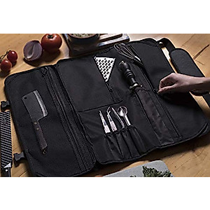 Asaya Chef Knife Roll Bag - 20 Total Pockets for Knives and Kitchen Utensils - Made with Stain Resistant Waxed Nylon - For Chefs and Culinary Students - Knives Not Included(Black)