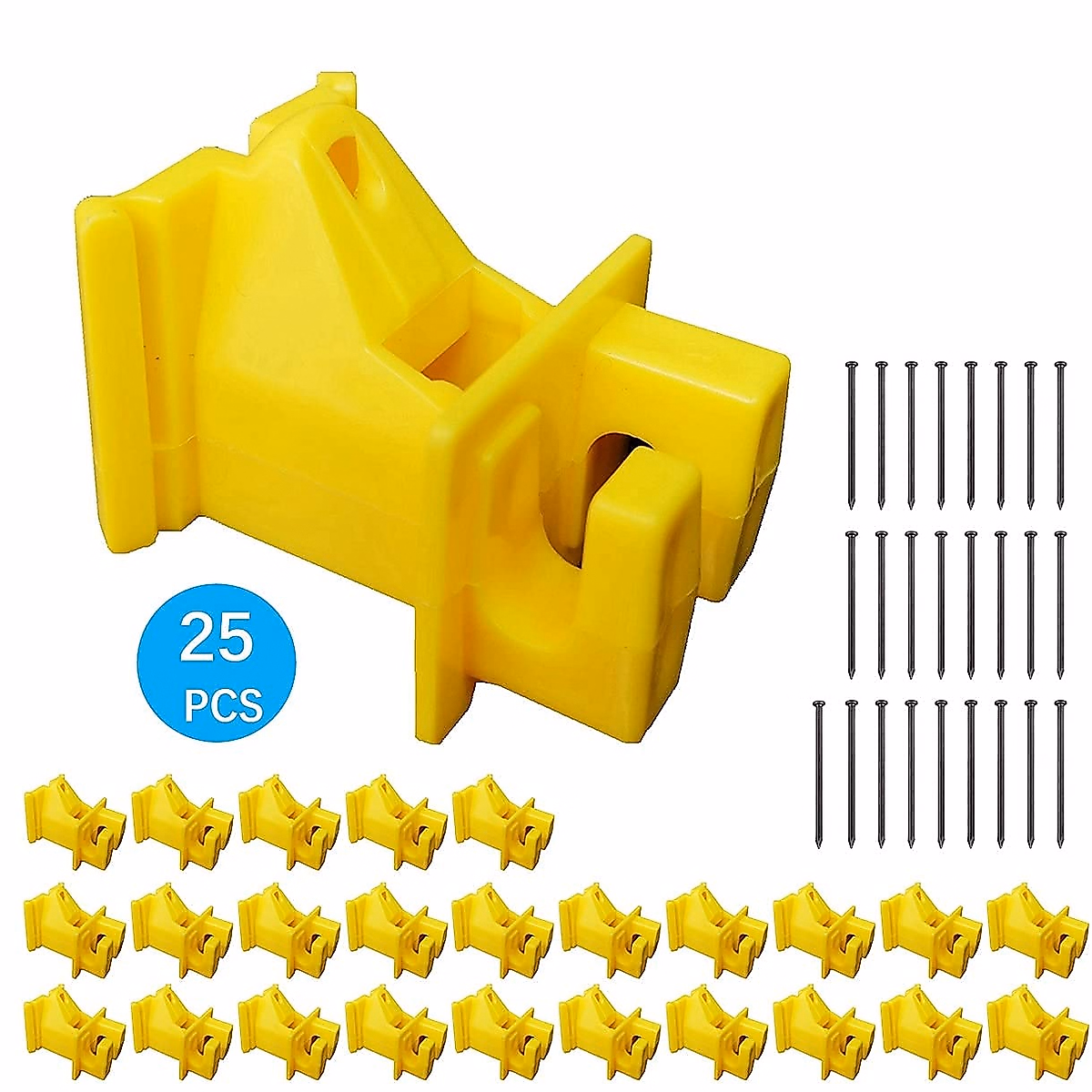 QMARK 25 Pack Electric Fence Wood Post, Nail on Insulators, Nail In Insulators, 1-1/2 Inch Extender Wood Post Insulators with Nails - Yellow (25 Pack)