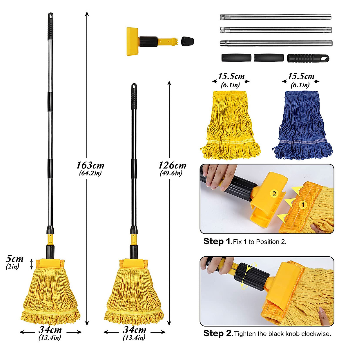 Masthome Spin Mop Bucket Floor Cleaning System with 5 Microfiber Mop Refills, 1 Extra Floor Brush Head & Commercial Loop-End String Wet Mop,for Floor Cleaning (Total 2 Pcs String Mop Heads)