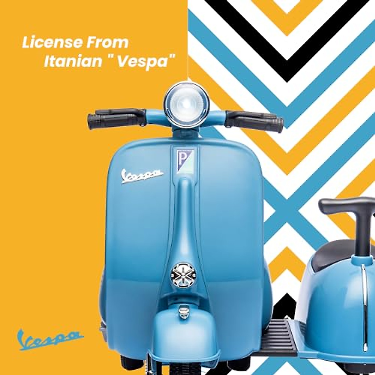 Licensed Vespa Ride-On Motorcycle with Side Car - 6V Electric Car for Boys and Girls - Two-Seat Ride-On Toy with Music and Storage Bin (Blue)