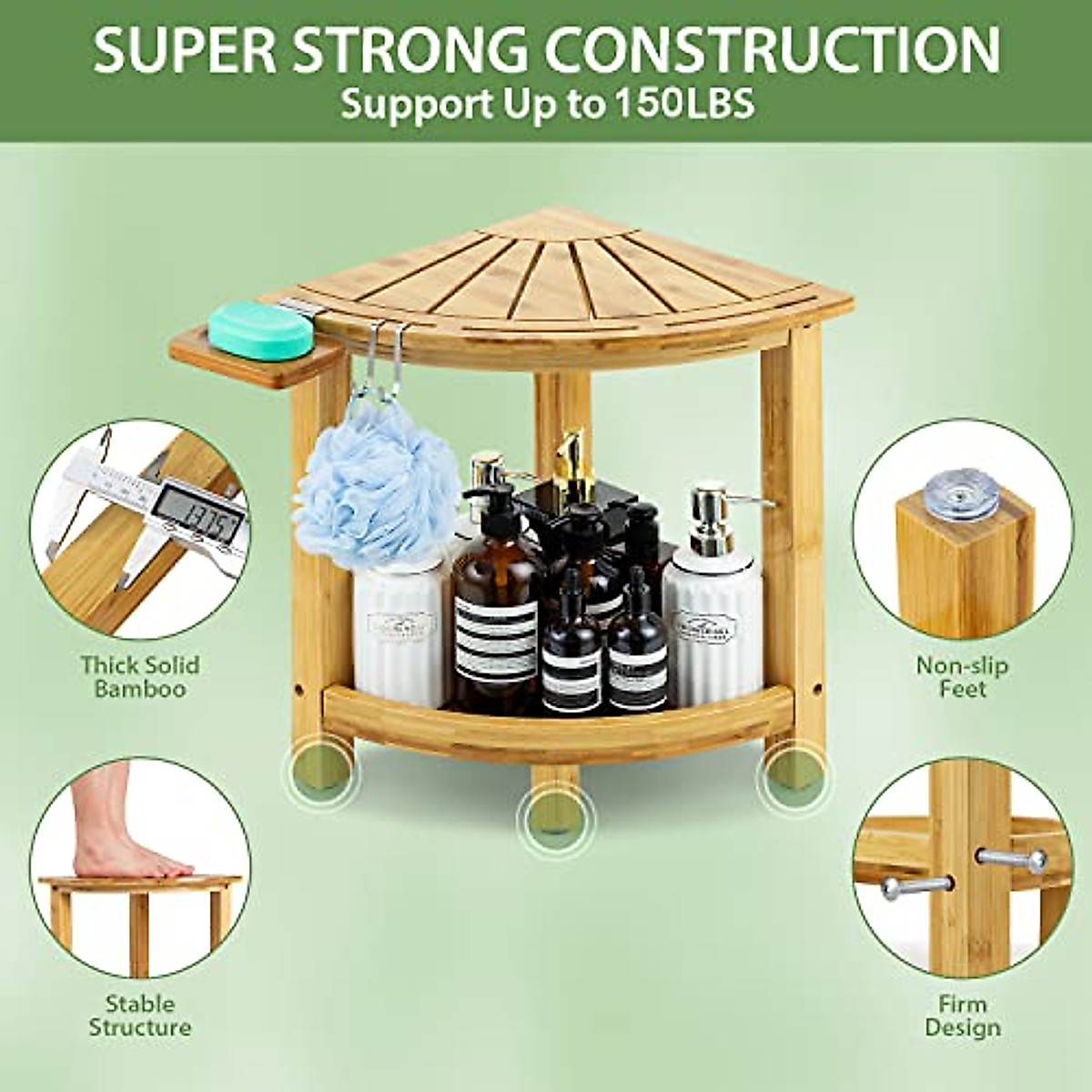 ETECHMART Bamboo Corner Shower Stool for Shaving Legs Foot Rest, Waterproof Bath Bench Seat with Storage Shelf and Soap Dish for Bathroom Inside Shower, Use as Small Corner Table Step Stools, Bamboo