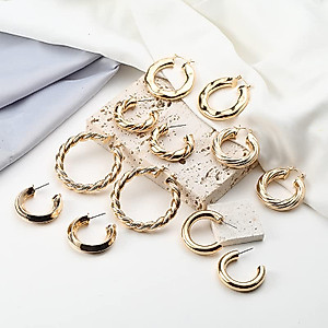 6 Pairs Gold Chunky Hoop Earrings for Women,14K Gold Plated Twisted Huggie Hoop Earring Set Hypoallergenic,Thick Open Hoop Earrings Packs Lightweight. (6 New Gold Hoops)