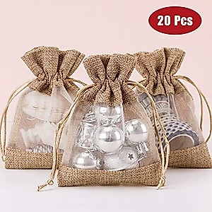 WRAPAHOLIC 5x7 inch 20 pcs Burlap Drawstring Gift Bag - Burlap with One Side Organza Wedding Party Welcome Favor Bags - Tan