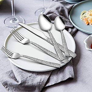 65-Piece Silverware Set with Serving Pieces, E-far Stainless Steel Hammered Flatware Eating Utensils Service for 12, Modern Tableware Cutlery Set with Square Edge, Mirror Polished, Dishwasher Safe