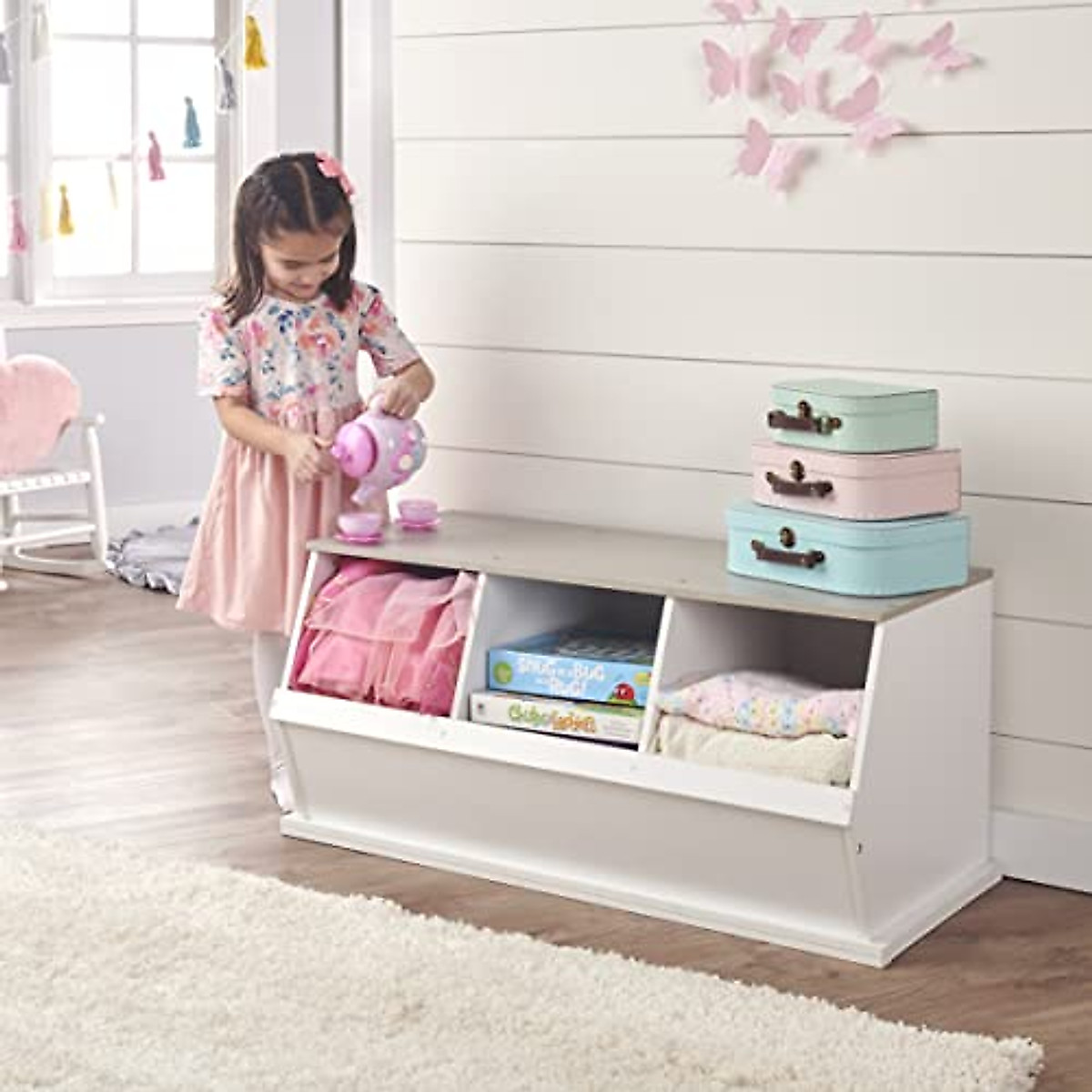 Badger Basket Three Bin Stackable Toy Storage Cubby Organizer - White/Gray Woodgrain