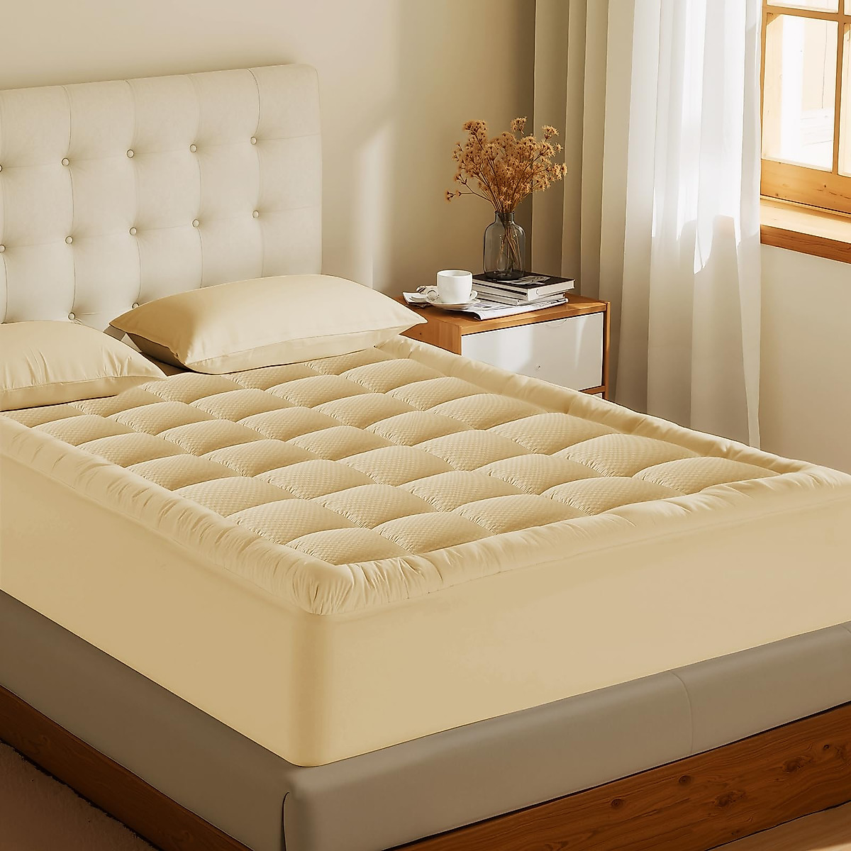 MATBEBY Queen Size Mattress Pad - Cooling Breathable Mattress Topper, Quilted Fitted Mattress Protector, Pillow Top Mattress Cover with 8-21" Deep Pocket, Soft, Machine Washable, Beige, 60x80 Inches