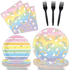 96 Pcs Rainbow Birthday Party Plates and Napkins Supplies Set Colorful Rainbow Party Disposable Paper Plates Tableware Kit Decorations Favors for Birthday Party Baby Shower for 24 Guests