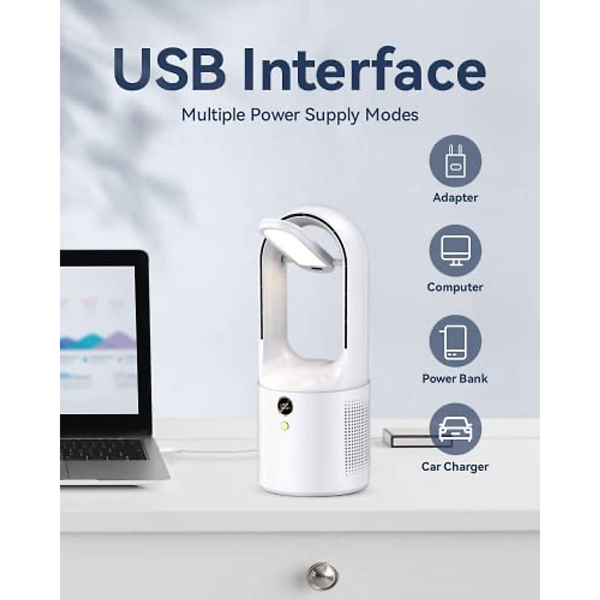 Desk Fan, 6 Speed Battery Operated Fan & Lamp 2 in 1 Bladeless Fan, Stylish 13 Inch Table Fan with LED Power Display, Type C Portable Fan with Natural Wind for Bedside Home Bedroom Office Summer Gift