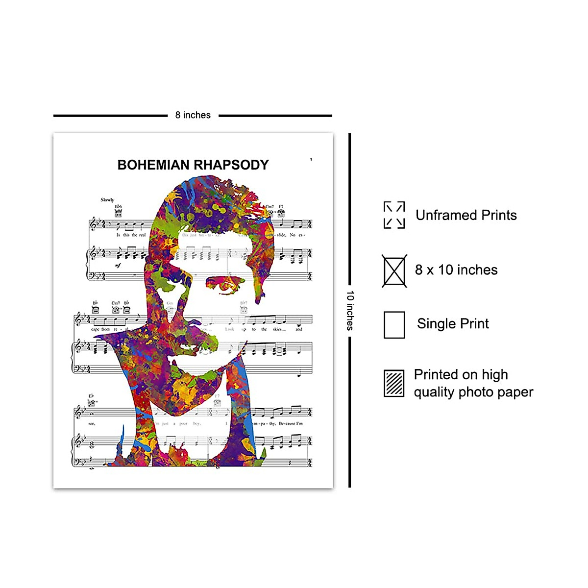 Freddie Mercury Poster - 8x10 Bohemian Rhapsody Poster - Freddie Mercury Merchandise - Queen Sheet Music - 80s Pop Music Gifts - Wall Art Decor