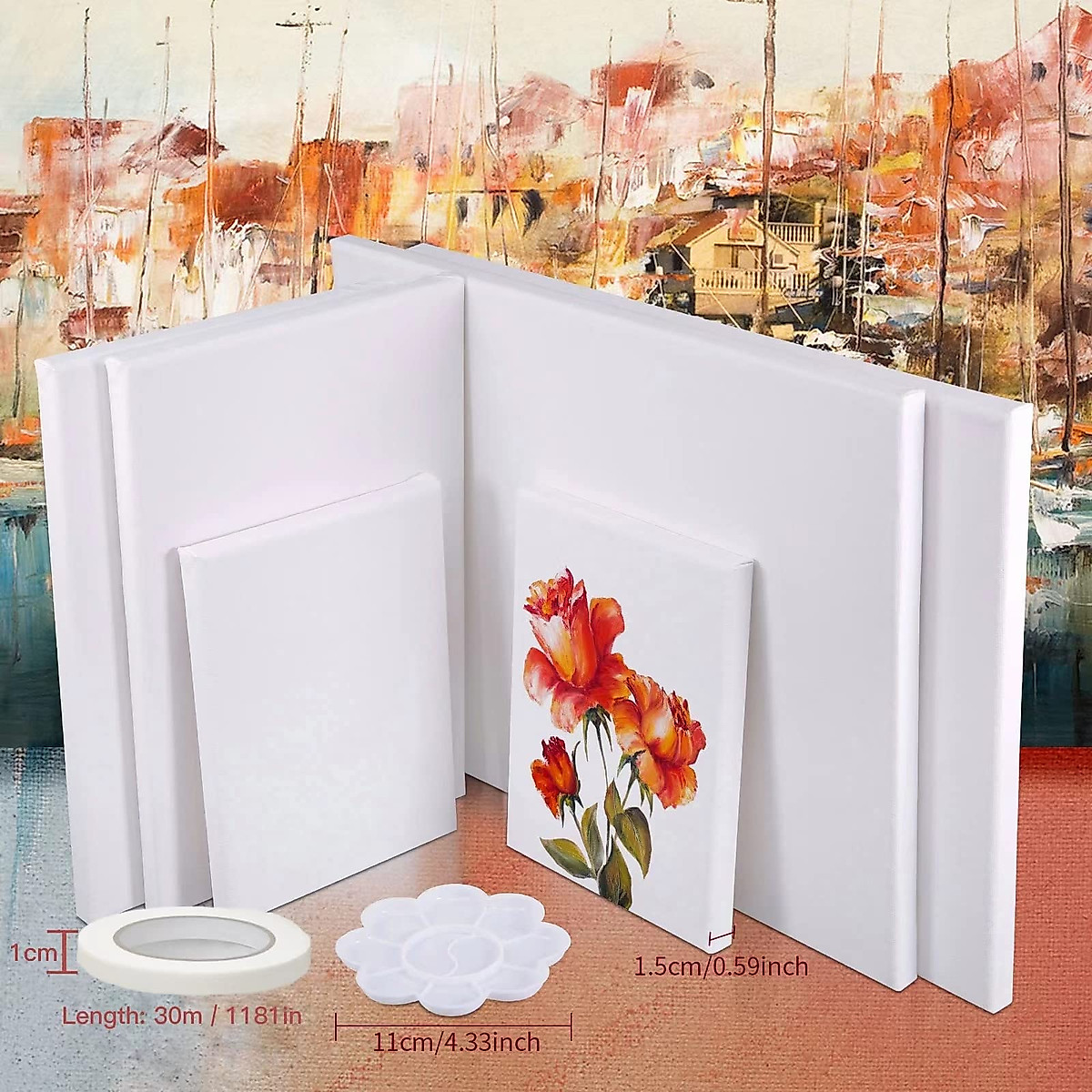 Skyouths Canvases for Painting, 40x30,30x20, 20x15, 8 Set Stretched White Canvas with Petal Paint Tray Palettes & Tape, Artist Canvases Frame Board Panels, Cotton Canvas for Oil, Acrylic, Watercolor