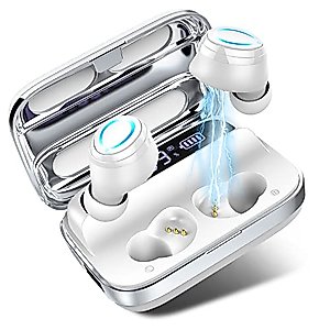 Donerton Wireless Earbud 5.1 Headphones 80 Hours Playtime Earphones with Charging Case, in Ear Headset IP7 Waterproof Earbud Noise Cancelling Microphone, LCD Display, for Working, White