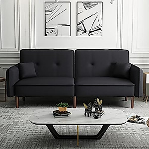 LCH Loveseat Futon, Convertible Sleeper Sofa Couch Bed in Cotton Linen Fabric for Living Room Bedroom Dorm Apartment Studio, Wood Legs, Black