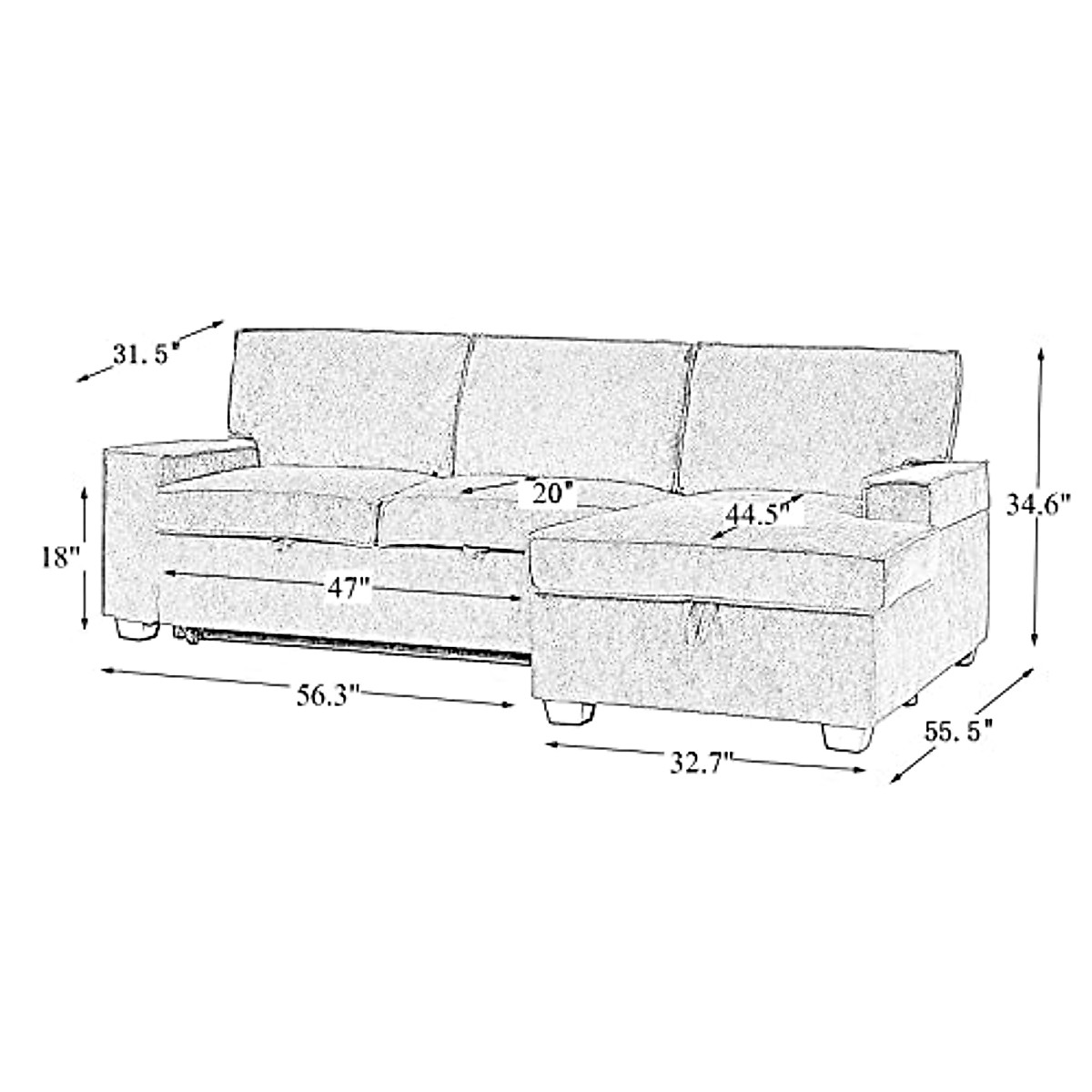 HULALA HOME Modern Sectional Sleeper Sofa, 3-seat L-Shaped Wide Couch with Storage Chaise, Pull Out Sleeper for Small Space, Living Room, Apartment and Office(Teal)