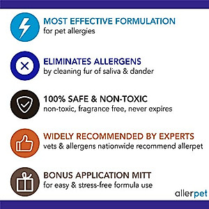 Allerpet Multi-Pet Dander Remover with FREE Application Mitt & Sprayer - Best Pet Dander Remover for Allergens - For Dog/Cat Dry Skin Treatment - Made in USA - (12oz)