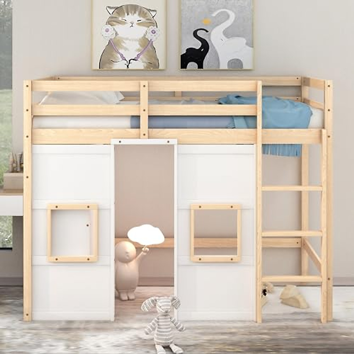 BOVZA Twin Size Loft Bed with Built-in Storage Wardrobe and 2 Windows, Wood Playhouse Loft Bed Frame with High Guard Rails for Kids Boys Girls Teens, Natural+White