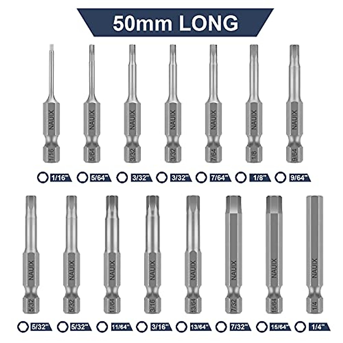 NAUIX 15 Piece Hex Head Allen Wrench Drill Bit Set, 1/4 Inch Hex Shank SAE S2 Steel Hex Bit Set, Magnetic Tips 50mm Long