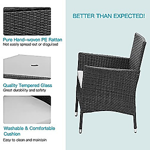 Odoor Direct 5 Piece Patio Dining Set, Patio Table and Chairs Set for 4, Wicker Outdoor Furniture, Square Tempered Glass Tabletop with Umbrella Hole, for Balcony, Backyard, Front Porch,Grey