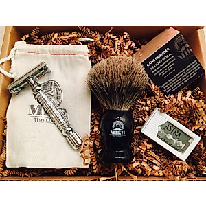 Complete Wet Shave Kit | Mike the Mason | Gift Set Includes: Hawk Safety Razor, Pure 100% Badger Hair Brush, Organic Honey Oatmeal Shave Bar, Nick Brick, 5 Premium Mens Blades, and a Razor Stand