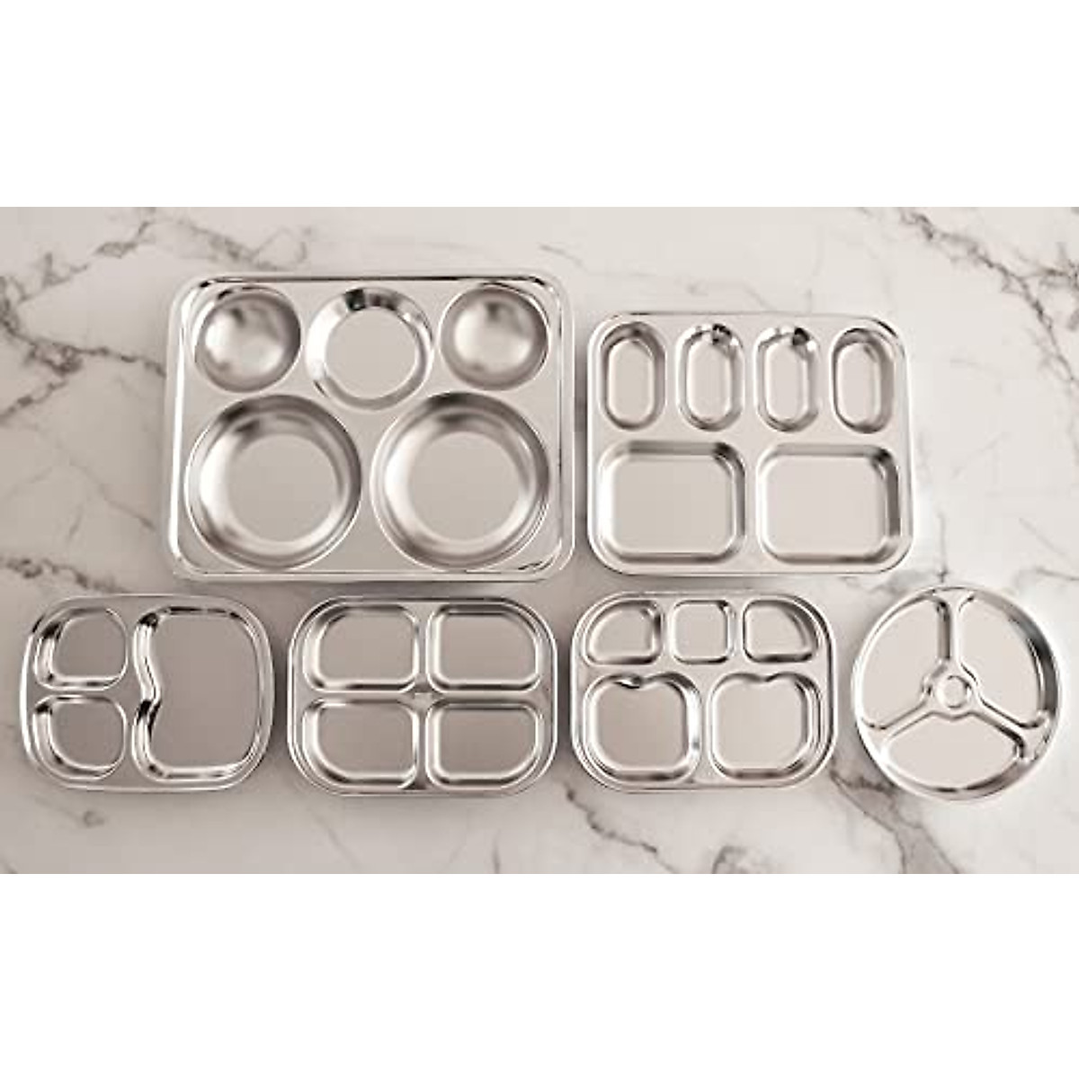 Korean Stainless Steel Divided Round Plates, Little Kids Toddlers Babies Tray, BPA Free, Diet Control, Camping Dishes, 8 Inch Compact Serving Platter, 3 Compartment Plate, Set of 2