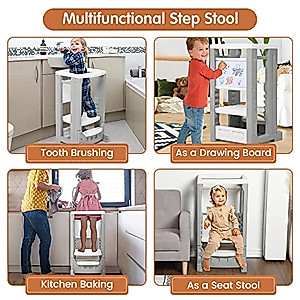 Kids Kitchen Step Stool with Whiteboard, Toddler Tower with 4 Adjustable Heights & Safety Rail, Learning Tower Toddler Step Stool Helper for Bathroom Sink Kitchen Counter, 1-6 Year Old Boy Girl Child