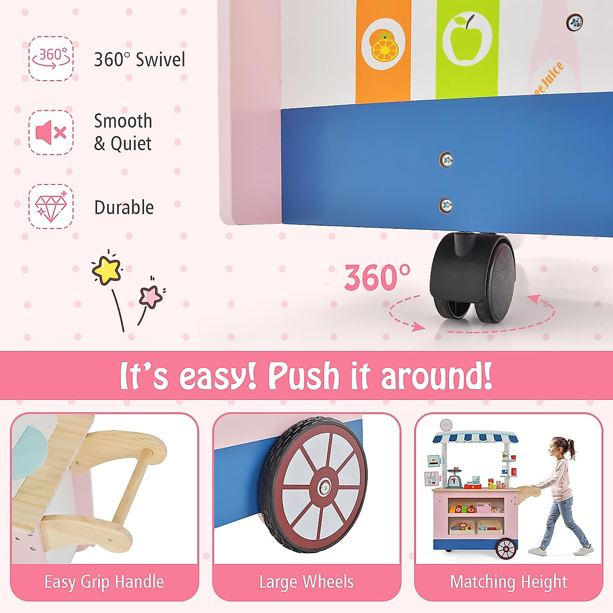 HONEY JOY Kids Food Cart, 30-Piece Toddler Pretend Play Grocery Store Playset w/Cash Register & Scale, Wooden Dessert Shop Play Market, Children Beverage Stand Cart w/Wheels, Gift for Boys Girls