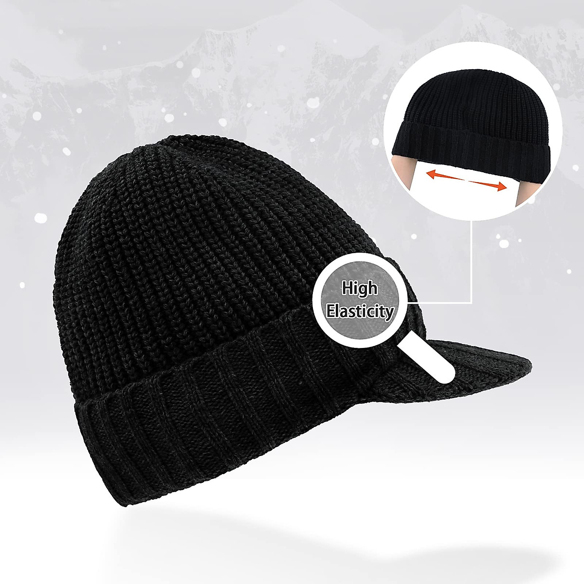 POXIMI Men Knit Hat Women Winter Beanies Warm Newsboy Hats with Brim Thick Cap Fleece Lined (Black)