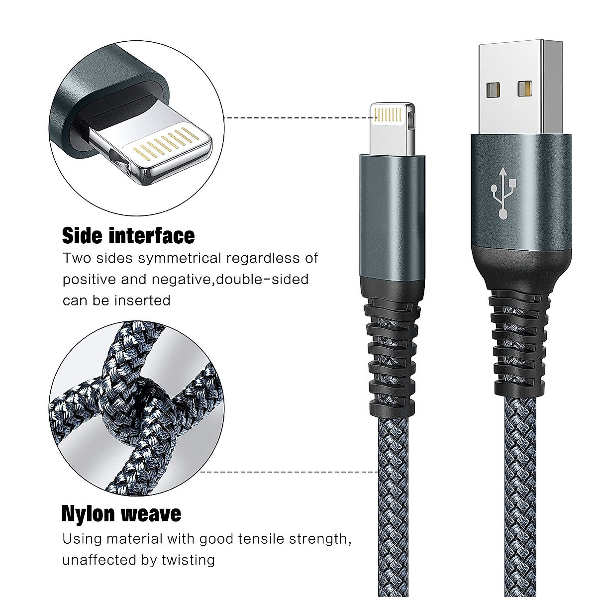 iPhone Charger, MFi Certified Lightning Cable 3Pack 6FT iPhone Charger Cord Fast Charging Nylon Braided Apple Charger, Compatible with iPhone 14/13/12/11/X/Pro/Max/8/7/6/6S/SE/Plus/iPad(Gray)