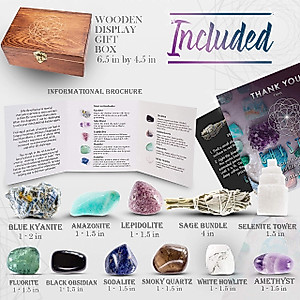 CRYSTALYA Calming Large Sleep Crystals and Healing Stones in Wooden Gift Box + 50pg EBOOK, Stress and Anxiety Relief - Amethyst, Lepidolite, Fluorite, Smoky Quartz, Selenite, Sage, and Info Guide