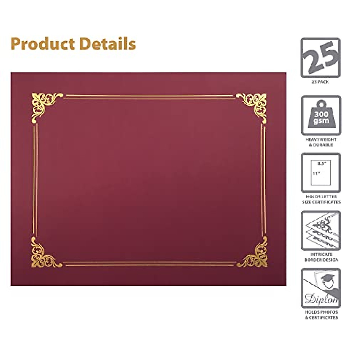 25 Pack Red Certificate Holders, Diploma Holders, Document Covers with Gold Foil Border, by Better Office Products, for Letter Size Paper, 25 Count, Crimson Red