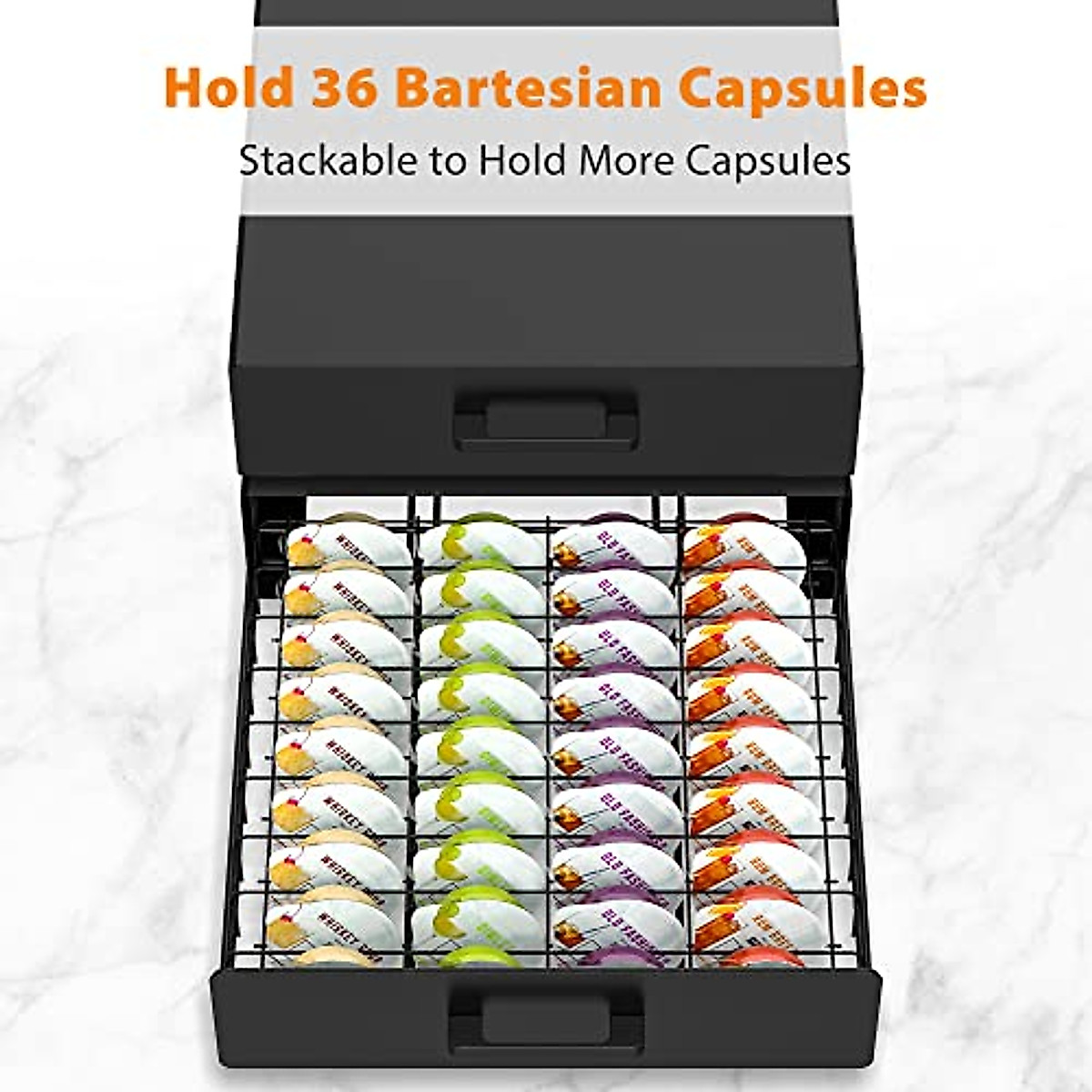 Storage Drawer for Bartesian Pods, ZECENN Cocktail Pod Holder for Bartesian Capsules Compatible with Bev by BLACK+DECKER Cocktail Machine, Hold 36 Pods, Countertop Organizer Bar Accessories- Black