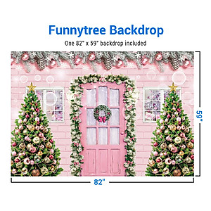 Funnytree 7x5FT Pink Christmas Photography Backdrop Xmas Tree Santa Brick Wall Door Dream Background for Girl Kids Holiday Birthday Party Supplies Banner Decor Photo Booth Studio Prop Gifts