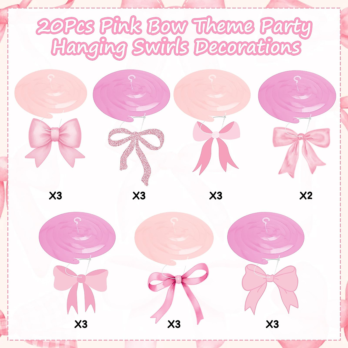 Pink Bow Party Hanging Swirls Decorations, Girl Bow Theme Birthday Party Decortions, Coquette Birthday Party Bow Party Decorations for Bow Birthday Baby Shower Bridal Shower Bachelorette Party Decor