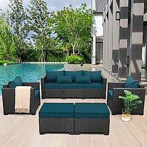 Rattaner Patio Furniture Set 5-Piece Outdoor Furniture Sets Patio Couch Outdoor Chairs Patio Ottomans with Anti-Slip Cushions and Waterproof Covers, Peacock Blue