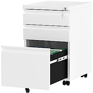 YITAHOME 3-Drawer Mobile File Cabinet with Lock, Office Storage Filing Cabinet for Legal/Letter Size, Pre-Assembled Metal File Cabinet Except Wheels Under Desk-White