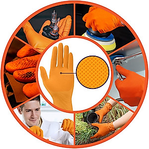Inspire Heavy Duty Orange Nitrile Disposable Gloves | ULTRA 8 Mil Diamond Textured For Secure Grip Food Safe, Industrial Gloves Disposable Latex Free Mechanic Gloves | Nitrile Gloves