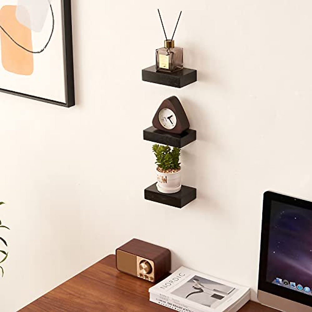 TRWISWDC Small Floating Shelves 5.5 inches - Set of 2 Natural Oak Wall Mounted Wood Shelves Mini Display Wall Shelves for Living Room Bedroom Bathroom Decor Plant Shelf, Black