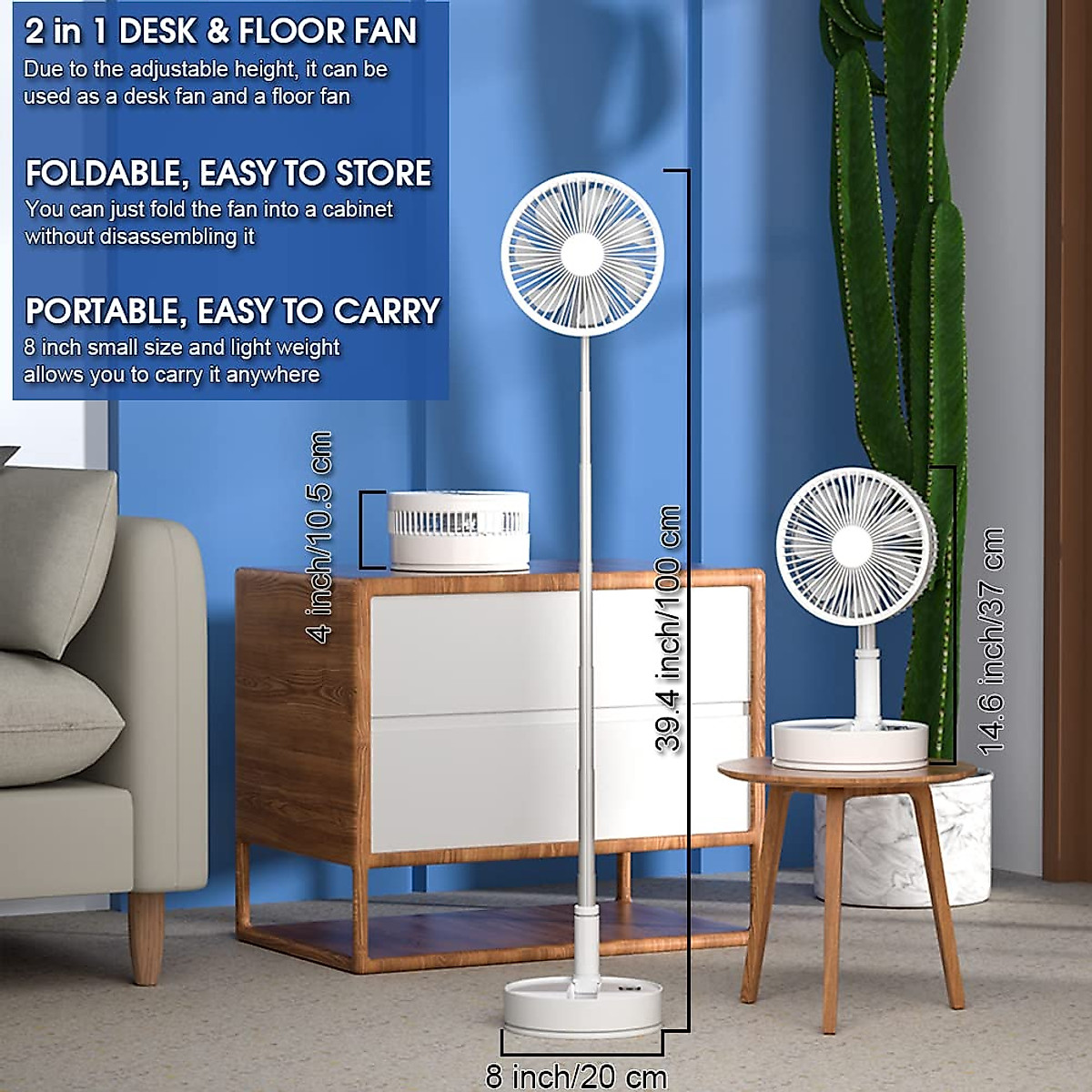 EZYDAYYI Battery Operated Floor Standing Fan Foldable Oscillating Desk Fan for Bedroom, Rechargeable 7200 mAh 8 inch Portable Small Room Fan Camping Travel Cooling Fan with Remote, Timer and 4 Speeds