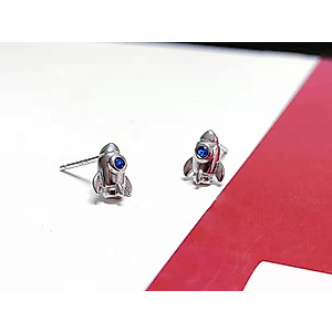 Cute Rocket Stud Earrings for Women Teen Girls 925 Sterling Silver Blue Cubic Zirconia Tiny Small Spaceship Earring Cartilage Tragus Post Pin Studs Hypoallergenic Earring Unique Birthday Gift for Daughter Niece