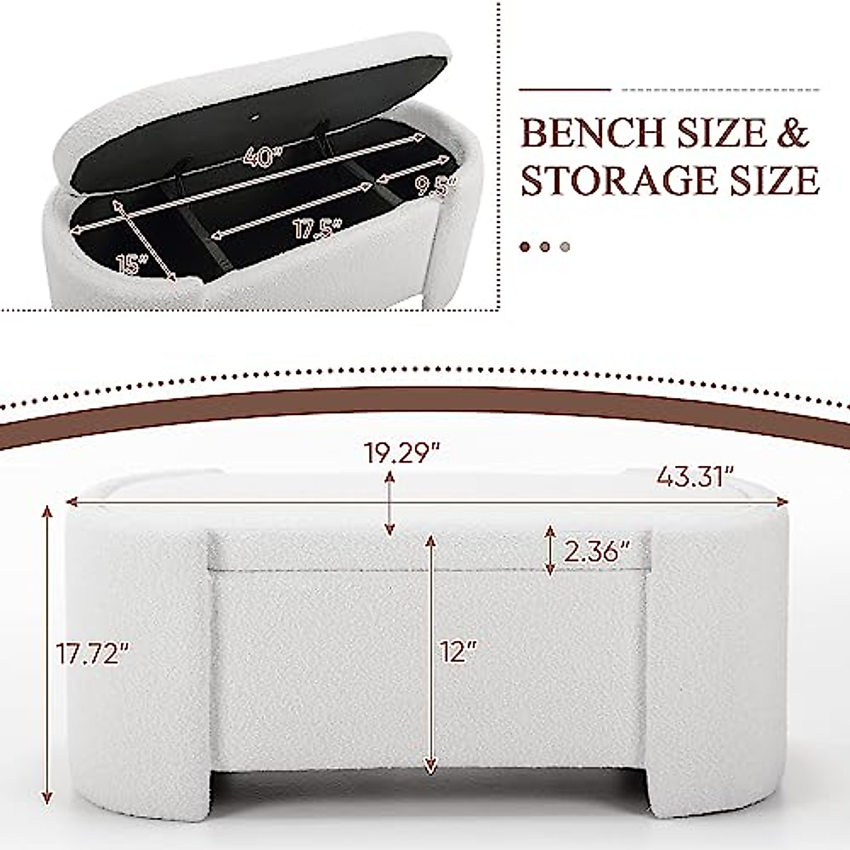 KINFFICT 43.4" Storage Ottoman Bench for Bedroom End of Bed, Upholstered Boucle Storage Bench, Modern Sherpa Benches Furniture with Safety Hinge for Entryway, Bedroom, Living Room, Teddy White
