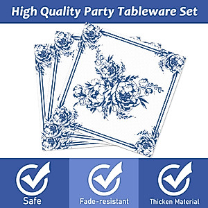 96 PCS Floral Blue & White Flower Party Tableware Set Disposable Party Supplies Decorations Bridal Birthday Baby Shower Tea Spring Summer Dinnerware Decor for Men Women Plates Napkins Forks Serve 24