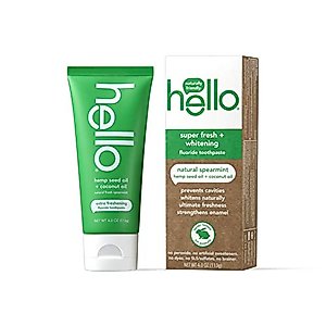 Hello Vegan Fluoride Toothpaste, Moisturizing Hemp Seed Oil + Coconut Oil, Super Fresh Family Farmed Spearmint, Naturally Whitening Toothpaste, Helps Remove Plaque, 4 Ounce