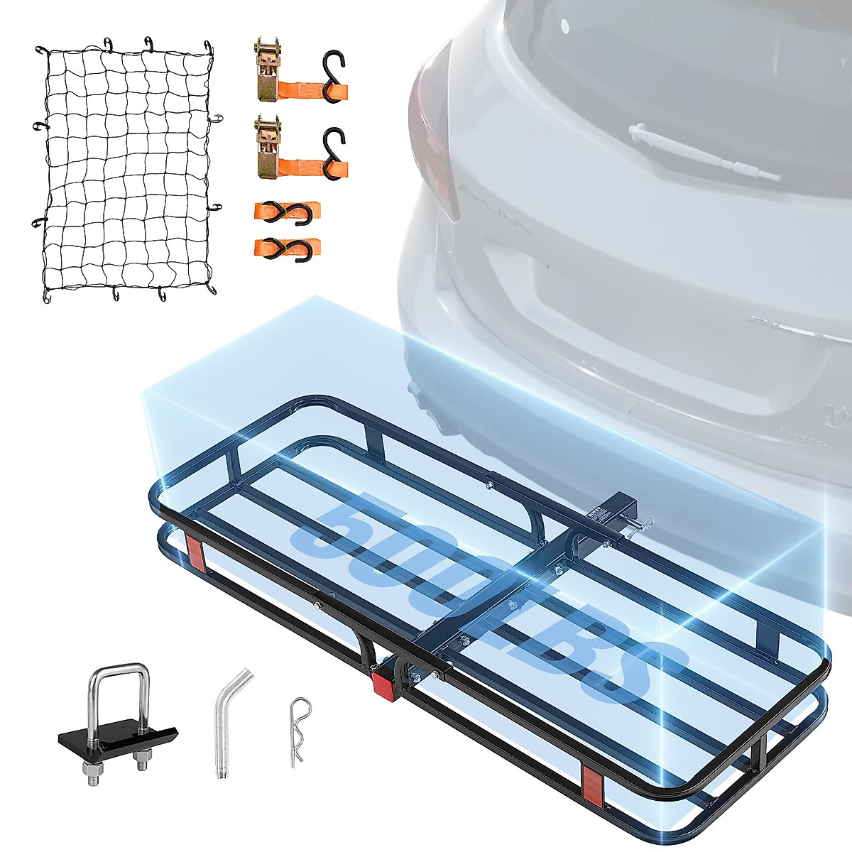 VEVOR 53 x 19 5 in Hitch Cargo Carrier, 500lb Capacity Trailer Mount Basket, Steel Luggage Carrier Rack Fits 2'' Receiver for SUV Truck Pickup with Net, Stabilizer, Straps, Black
