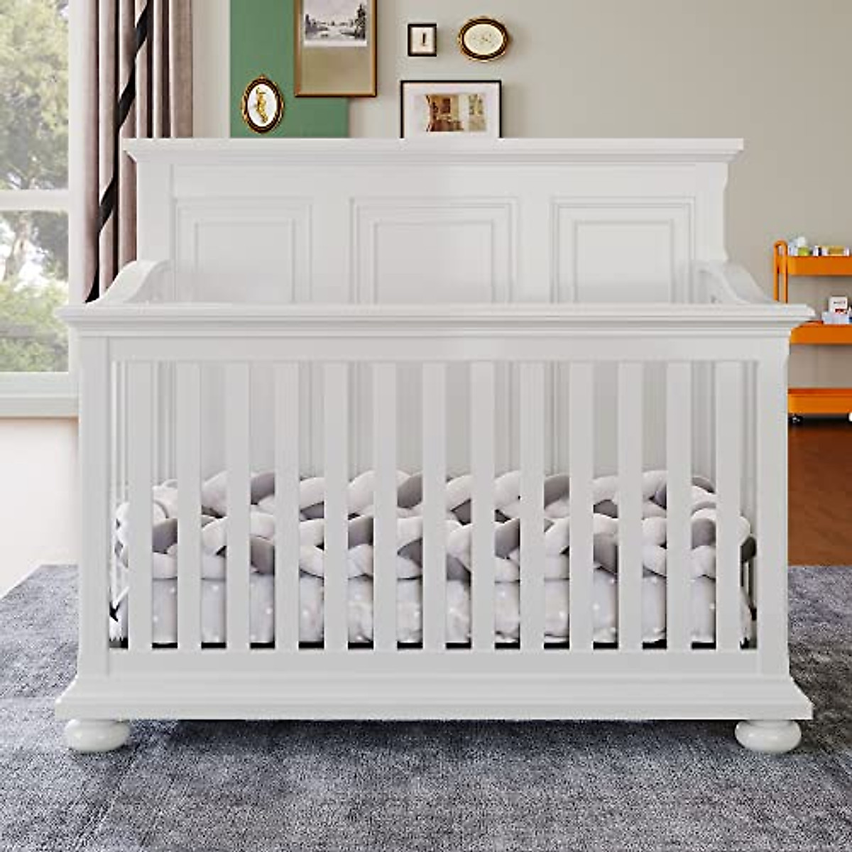Pvillez Farmhouse Style 4-in-1 Convertible Crib, Full Size Convertible Crib, Converts from Baby Crib to Toddler Bed, Daybed and Full-Size Bed, 3 Mattress Height Settings (White)