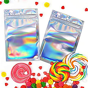 100 Counts Resealable Smell Water Proof Bags Foil Pouch Bag Flat Ziplock Bag with Clear Window for Party Favor Food Storage Gifts Bags Goodie Bag Holographic Color, 4 x 6 Inches