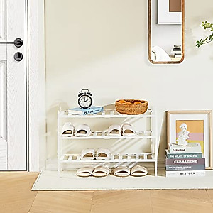 quiseolu White Shoe Rack for Closet Entryway 3 Tier Bamboo Shoe Rack Free Standing Shoe Organizer for Small Space Samll White Shoe Shelf Stackable Shoe Storage D11 * W27.2 * H18.3 Inches