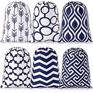 Jexine 6 Pcs 19 x 13 Inches Large Drawstring Gift Bag Geometric Pattern Canvas Drawstring Bag Blue Stripe Fabric Bag Reusable Sport String Bag for Birthday Christmas Holiday Party Supplies