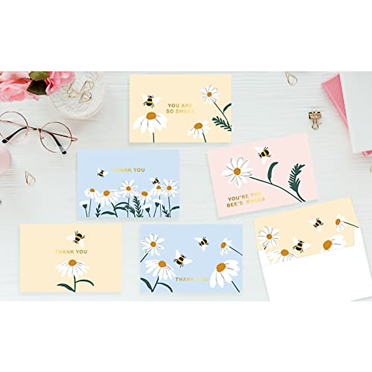Gooji 4x6 Bee & Dasiy Gold Foil Thank You Cards (Bulk 20-Pack) Matching Peel-and-Seal Envelopes | Assorted Set, Watercolor, Birthday Party, Baby Shower, Weddings, Greeting, Blank Notes